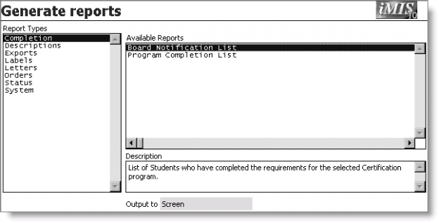 Generate reports window