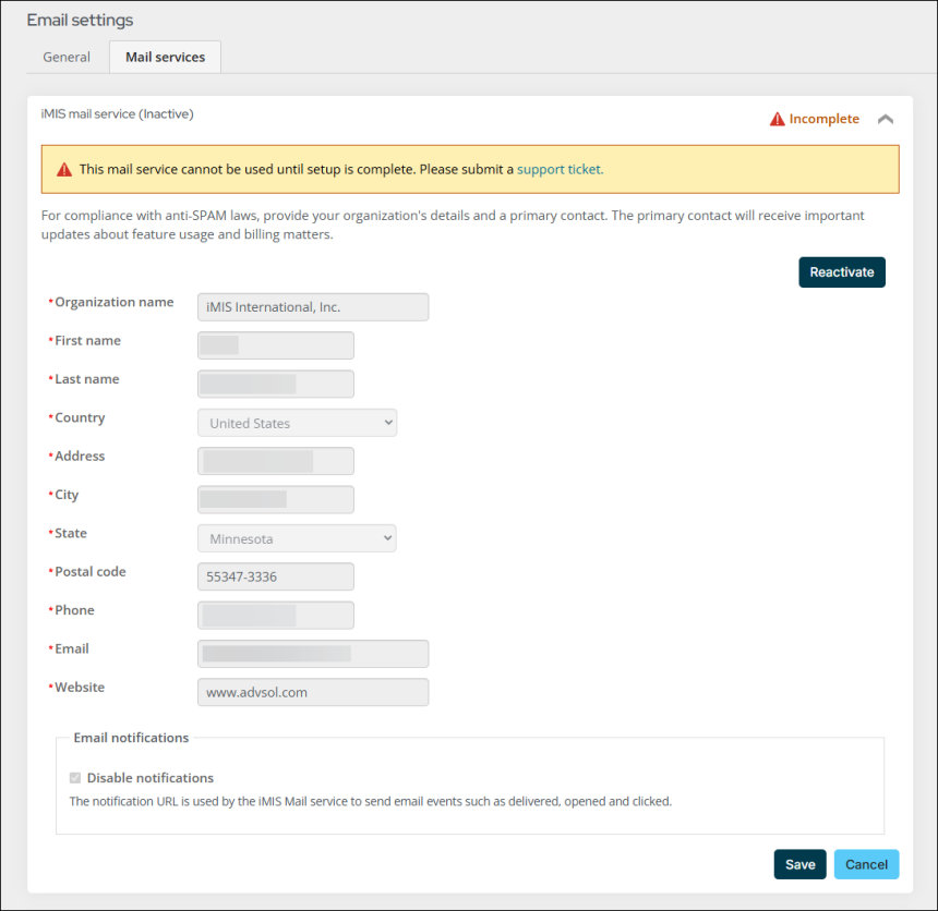Advanced email: Settings
